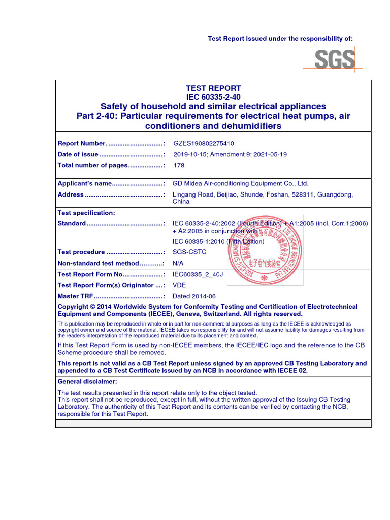 Test Report. IEC 60335-2-40 | PDF | Fuse (Electrical) | Mains Electricity