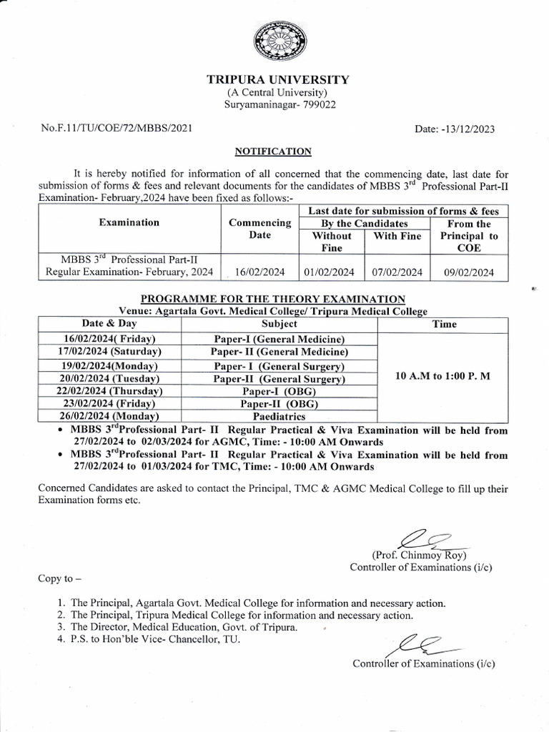 3rd Professional MBBS Supplementary Examination | PDF | Medical ...