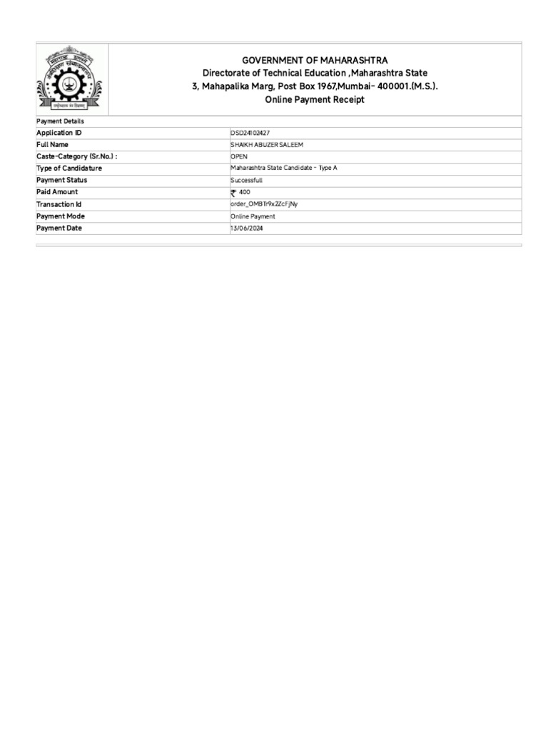 Payment Receipt Polytechnic | PDF