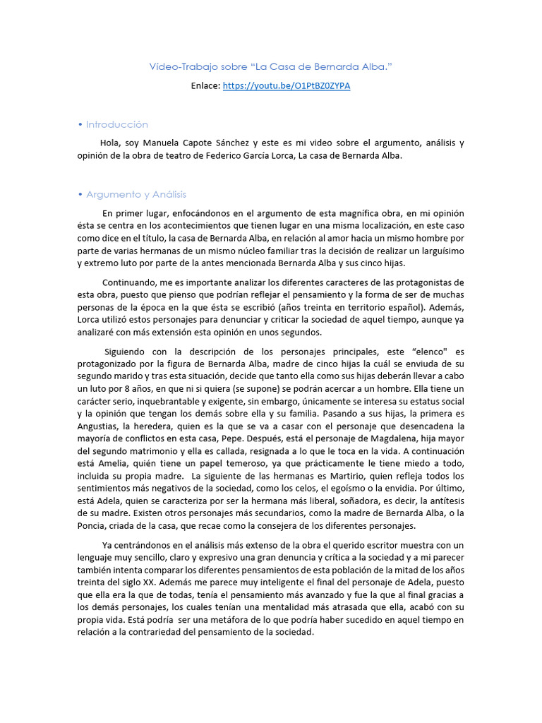 Trabajo Sobre La Casa de Bernarda Alba | PDF | Federico García Lorca