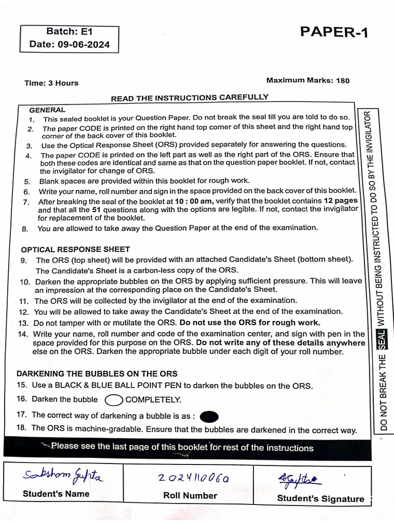 Jee Advanced Paper 1 | PDF