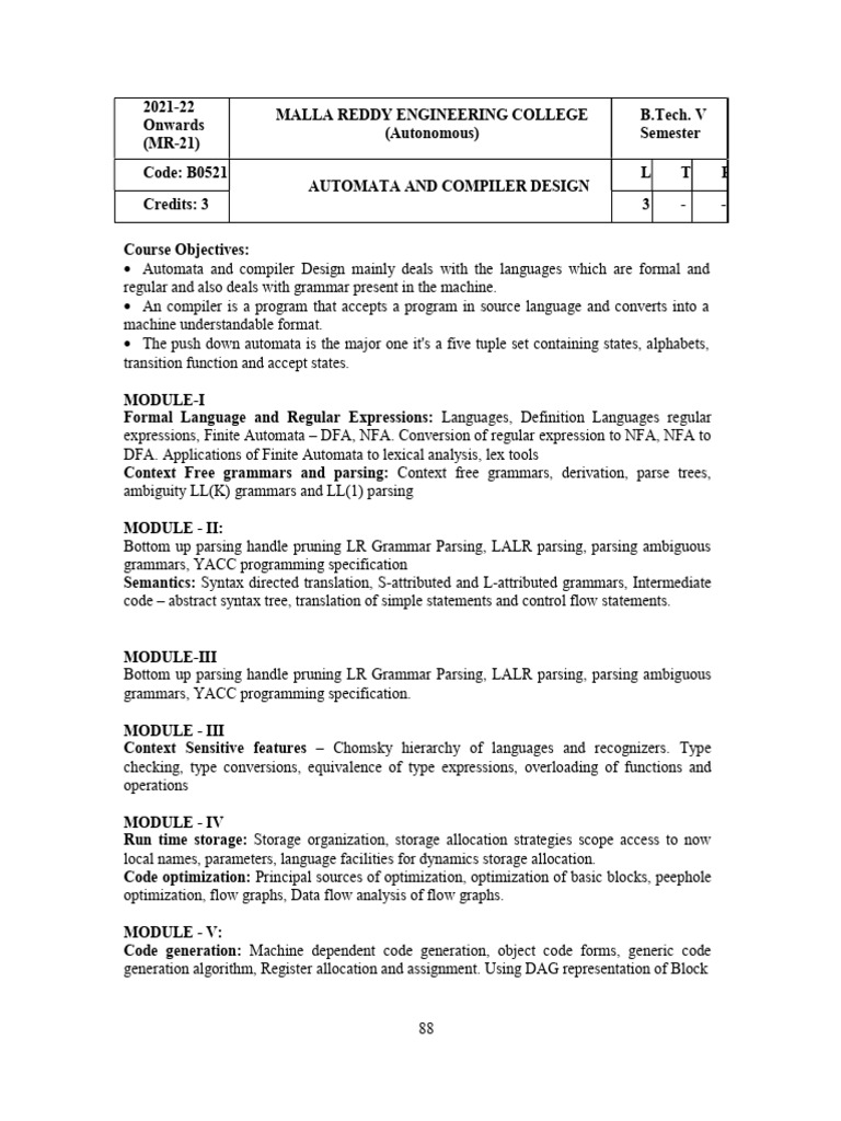 Acd Syllabus | PDF | Parsing | Compiler