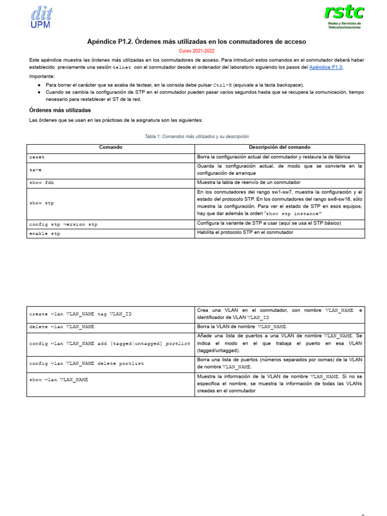Apéndice P1.2. Órdenes más utilizadas en los conmutadores | PDF | Conmutador de red | Protocolos ...