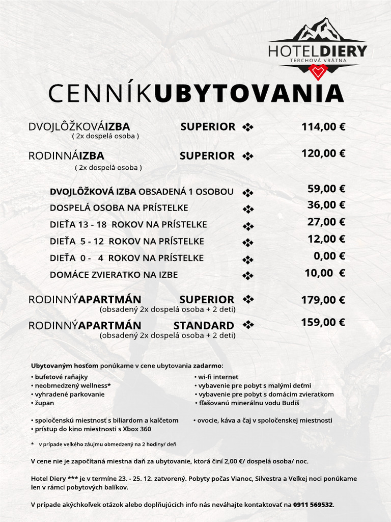 Cennik Ubytovania Hotel Diery 2024 | PDF