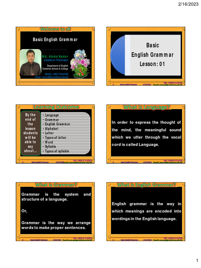 Basic English Grammar Class 1 | PDF | Consonant | Vowel