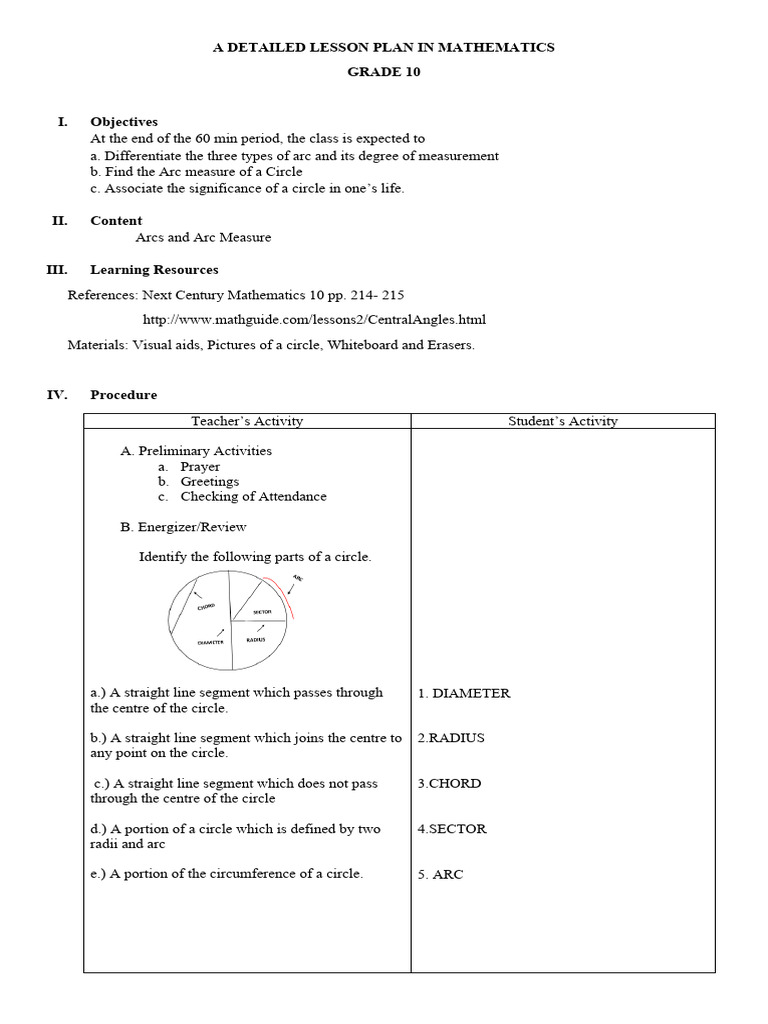 Grade 10 Math Lesson: Arc Measures | PDF | Circle | Curve