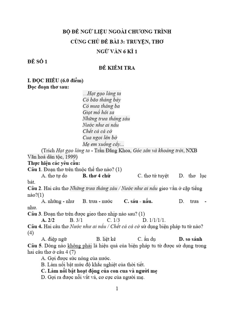 BỘ ĐỀ NV6 BÀI 3 CHỦ ĐỀ TRUYỆN, THƠ | PDF