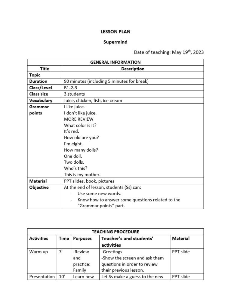 Lesson Plan B1 2 3 | Download Free PDF | Vocabulary | Linguistics