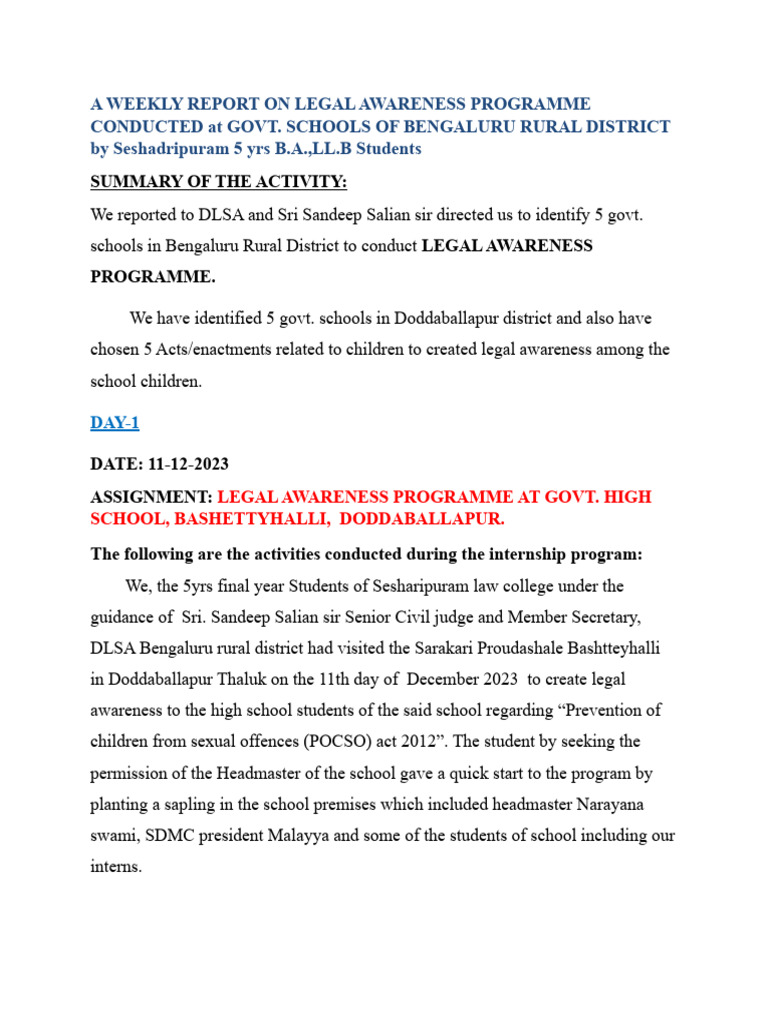 A Weekly Report On Legal Awareness Programme | PDF | Questionnaire ...