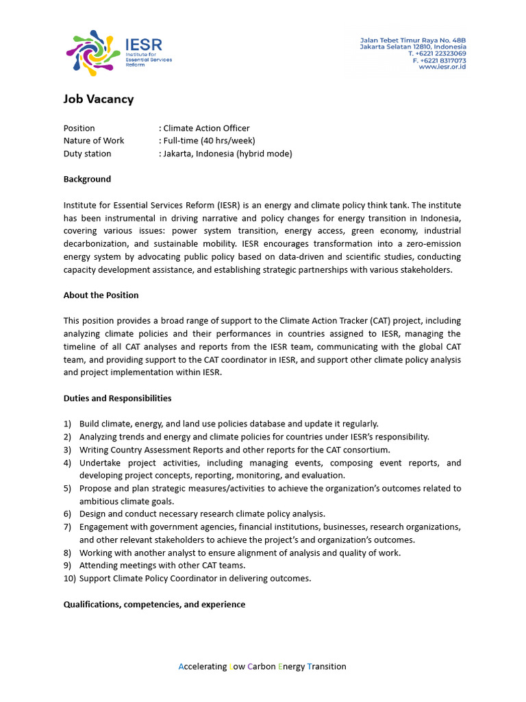 Climate Action Officer Vacancy at IESR | PDF | Politics Of Climate Change | Policy Analysis