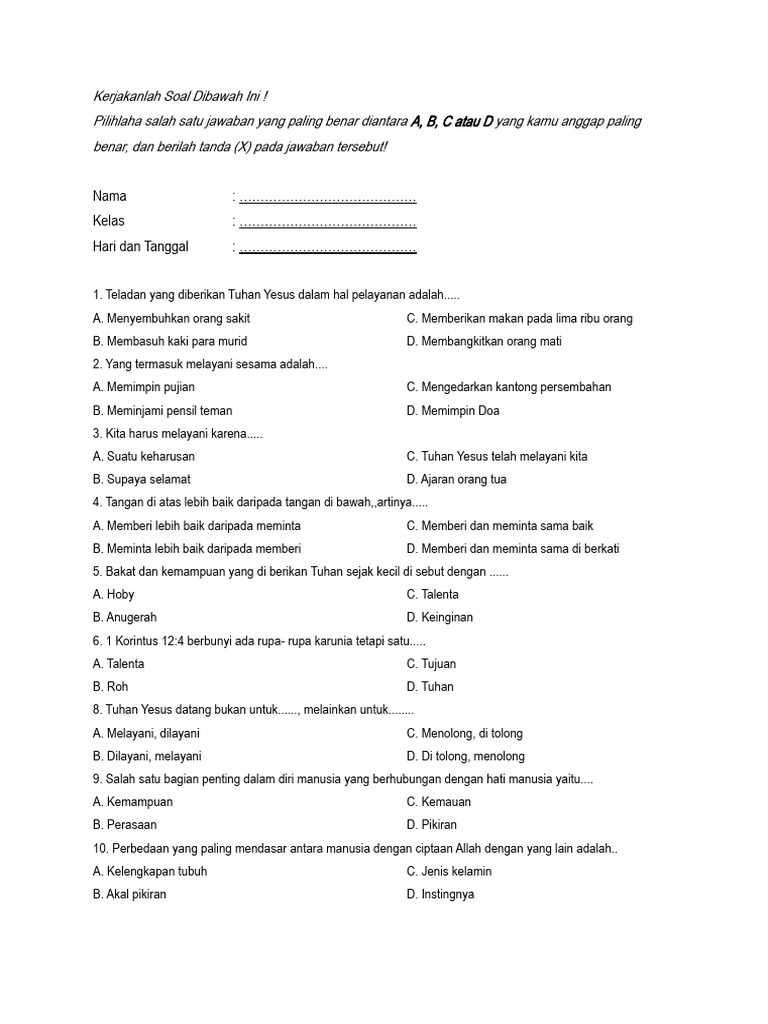 Soal Agama Kristen Kelas 6 | PDF