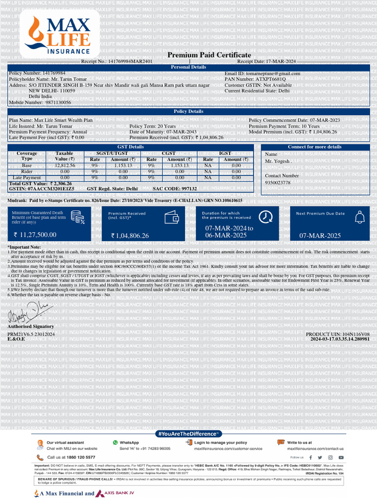 Premium Paid Certificate: 11,27,500.00 1,04,806.26 07-MAR-2024 To 06-MAR-2025 07-MAR-2025 | PDF ...