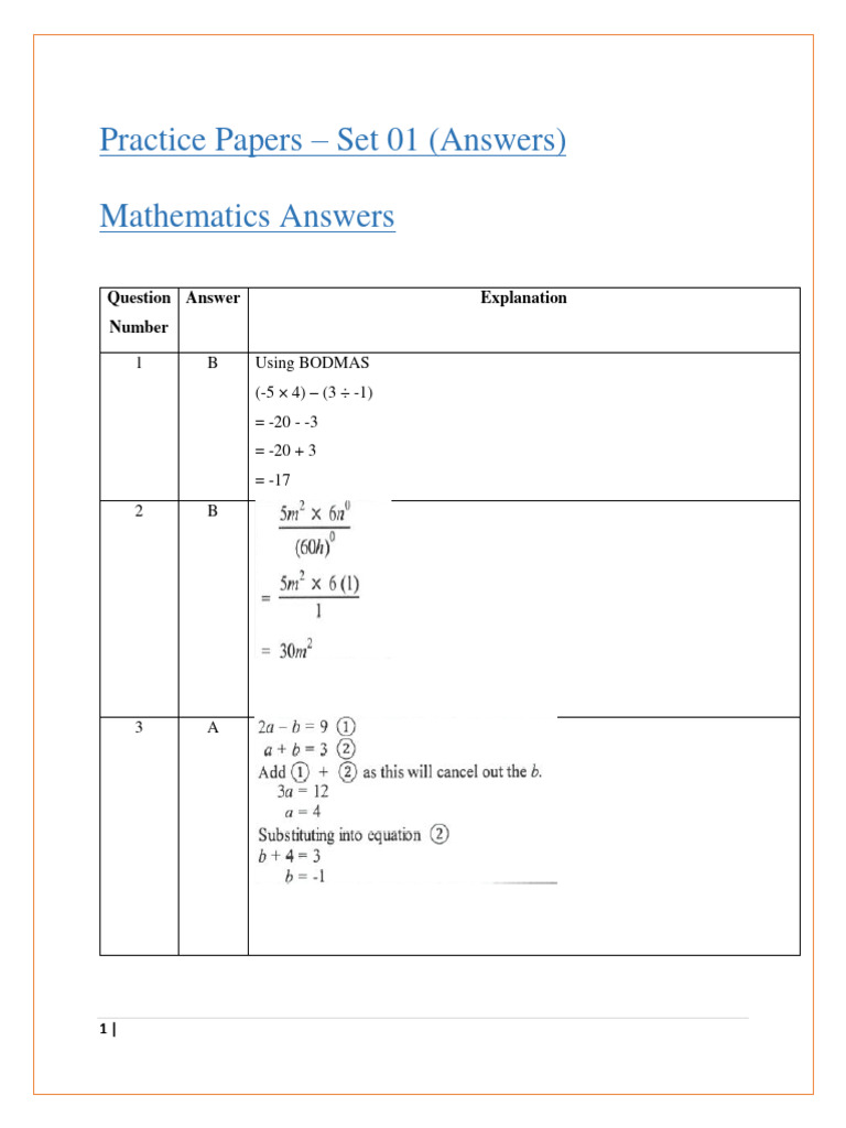 Practice Papers - Set 01 Answers | PDF | Cognition
