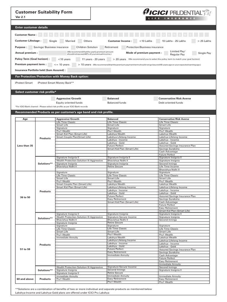 Customer Suitability Form | PDF | Insurance | Life Annuity