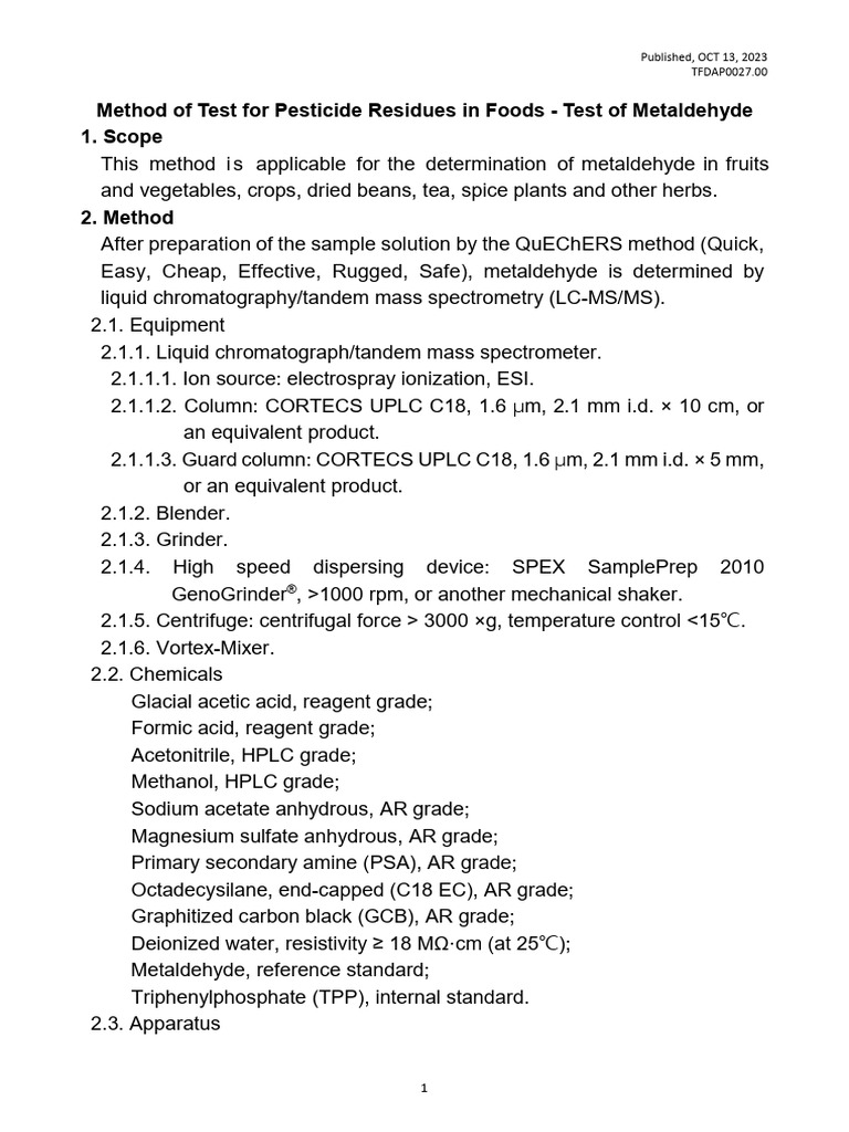 Method of Test For Pesticide Residues in Foods - Test of Metaldehyde ...