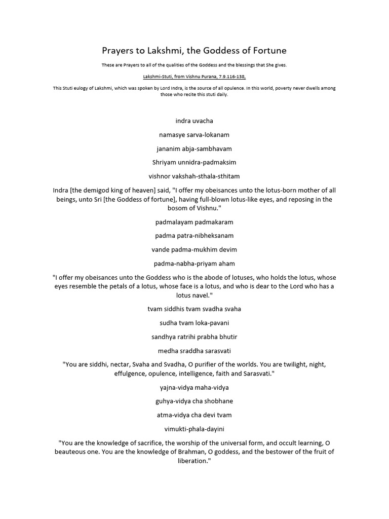 Prayers To Lakshmi | PDF | Devi | Hindu Mythology