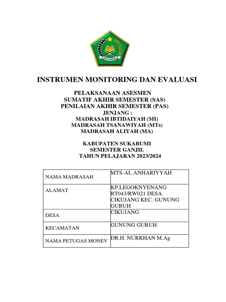 Instrumen Monev SAS-PAS SMT Ganjil TP. 2023-2024 | PDF