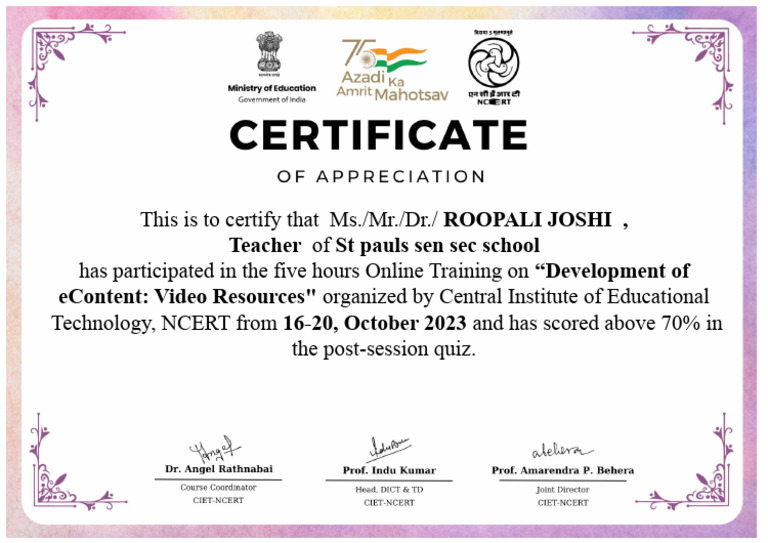 Certificate - Development of Econtent - Video Resources | PDF