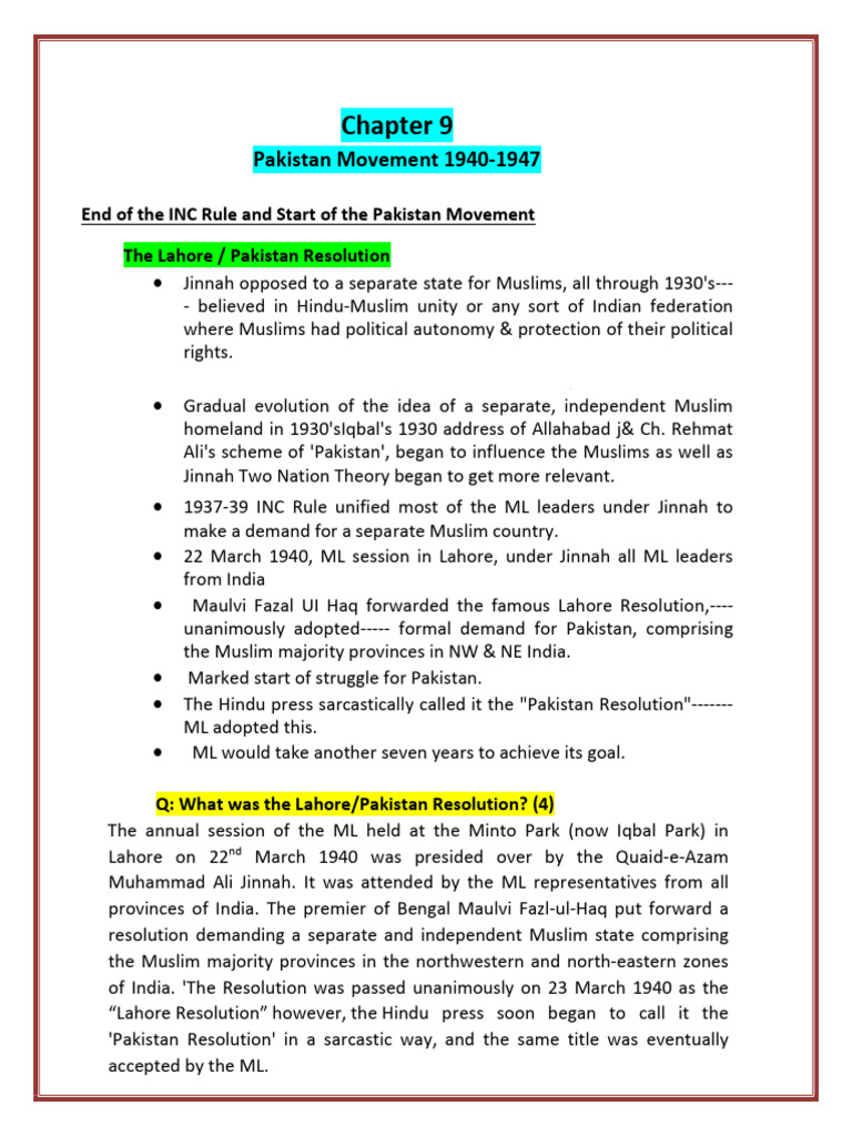 Ch-9-Handout | PDF | Muhammad Ali Jinnah | British Raj