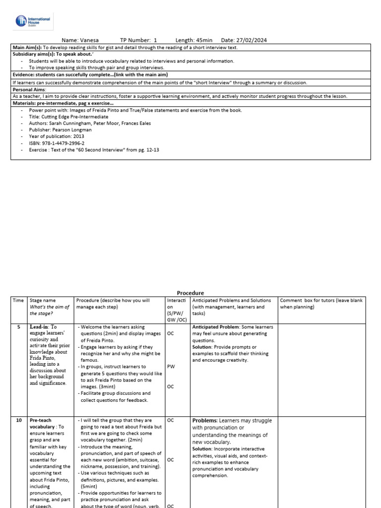 Lesson Plan - 1reading A2 Pre-Intermediate | PDF | Word | Stress (Linguistics)