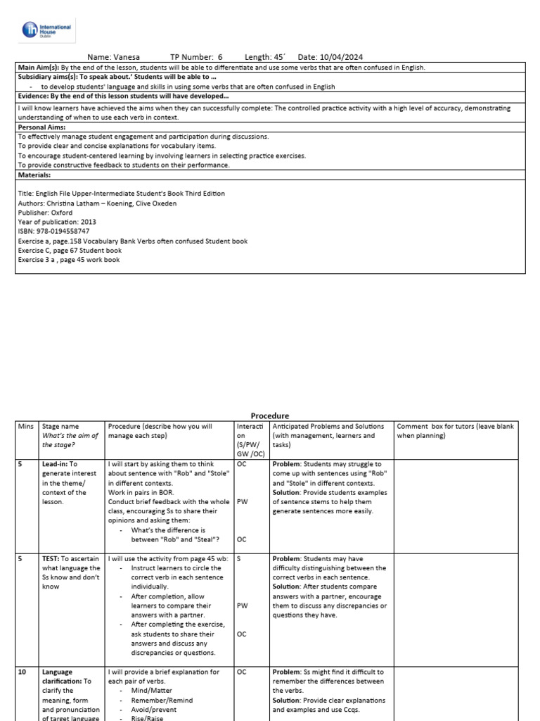 Lesson Plan 6. Vocabulary Verbs Often Confused | PDF | Mind | Memory