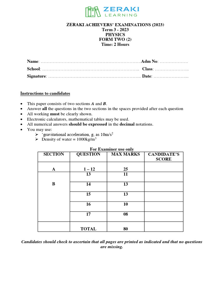 Physics Form 2 Question Paper Zeraki Achievers 11.0 - October 2023 ...