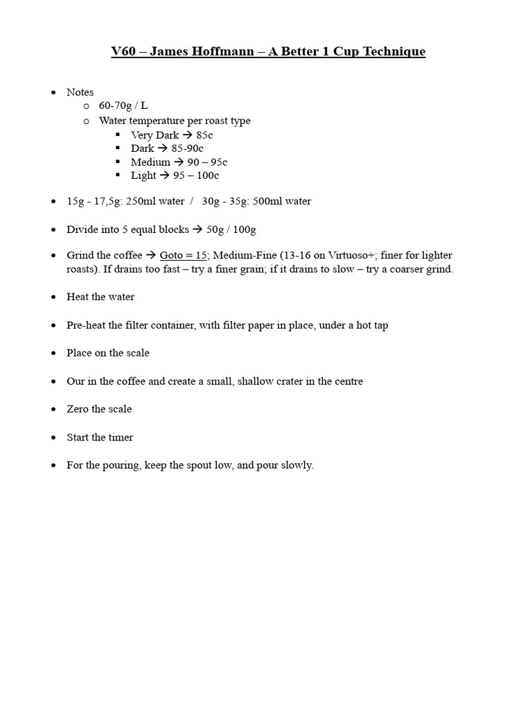 Recipe - V60 - JamesHoffman - A Better 1 Cup - 250ml | PDF | Coffee