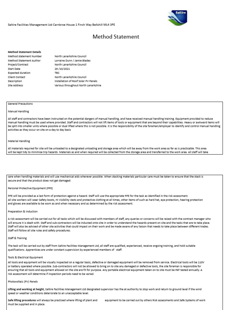 Method Statement - Installing Solar PV Roof Panels | PDF | Personal ...