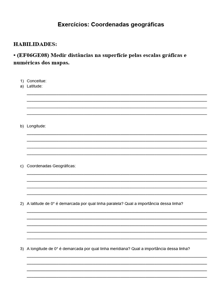 Atualizacao 6 Exercicios Coordenadas Geograficas Pdf Longitude