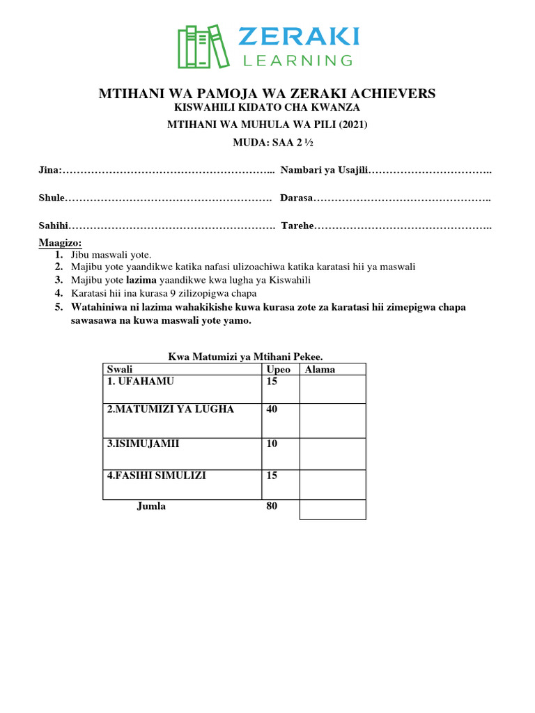Kiswahili Form 1 Question Paper Zeraki Achievers 2.0 - March 2021 | PDF