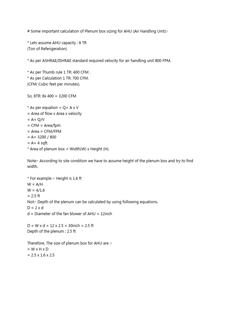 AHU Plenum Box Sizing Calculations | PDF