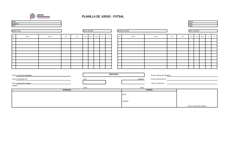 Planilla de juego FUTSAL | PDF