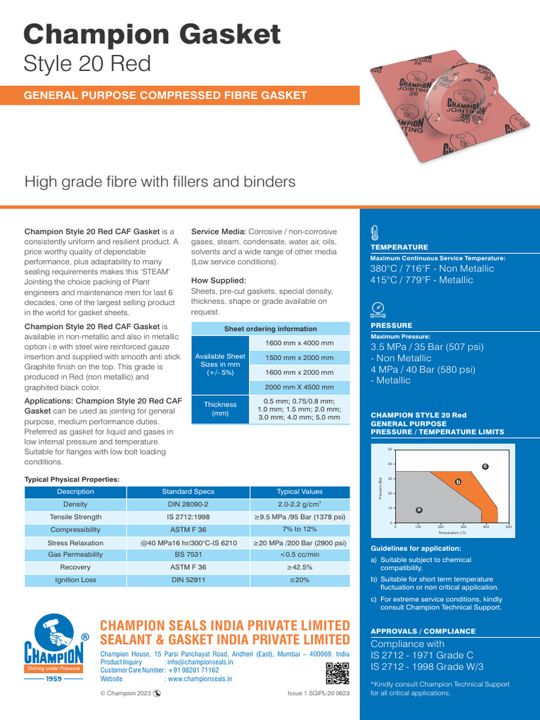 Champion Style 20 Gasket Specifications | PDF | Materials | Applied And ...