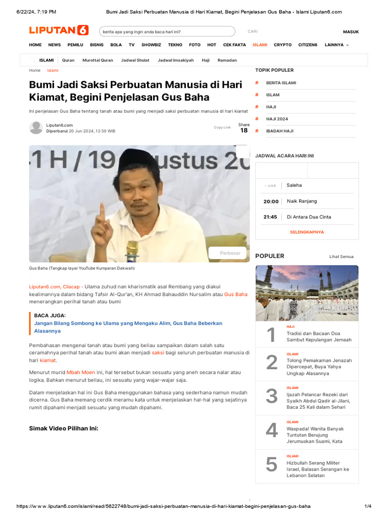 Bumi Jadi Saksi Perbuatan Manusia Di Hari Kiamat, Begini Penjelasan Gus Baha - Islami | PDF
