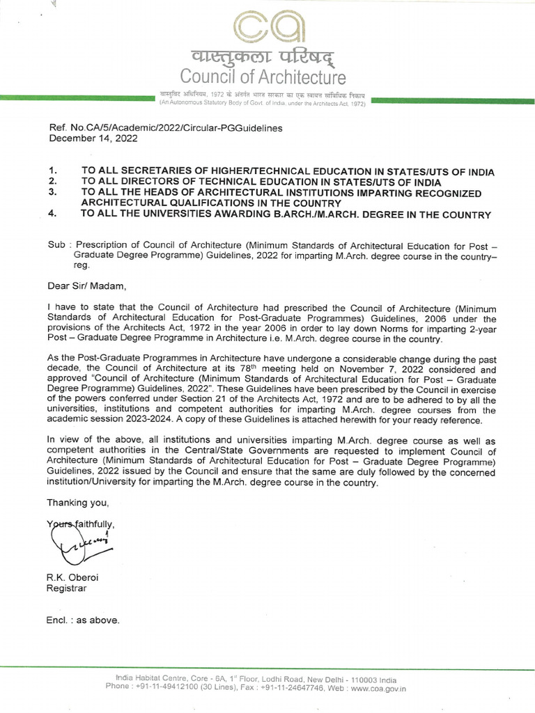 COA Circular Letter Dated 14.12.2022 For PG Guidelines-2022 | PDF