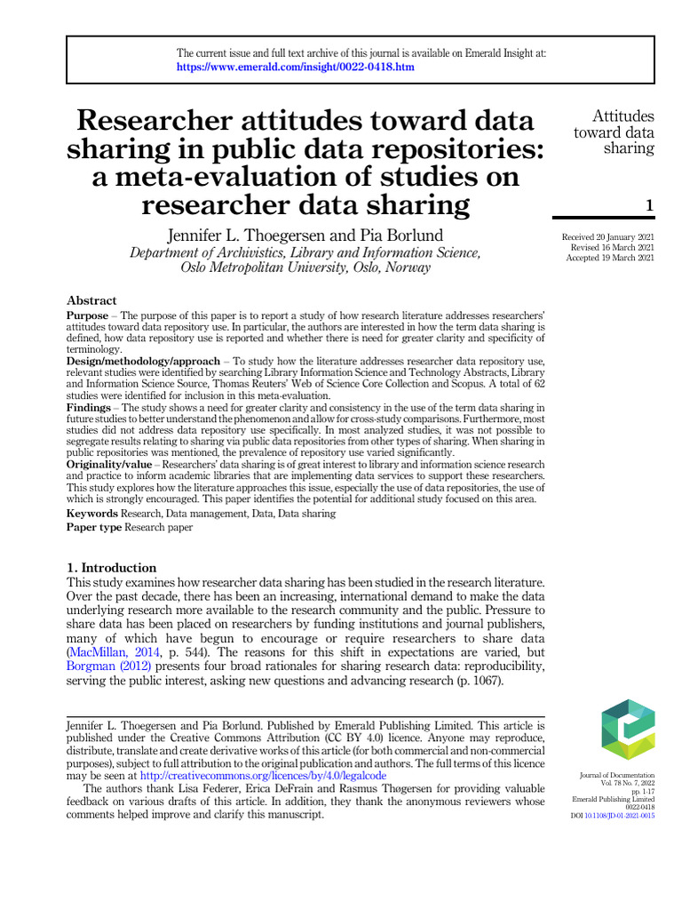 2021 Thoegersen Borlund Researcher Attitudes Toward Data Sharing in Public Data Repositories A ...