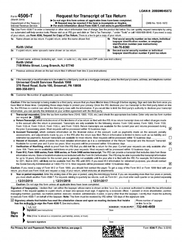 Request For Transcript of Tax (Classic) | PDF