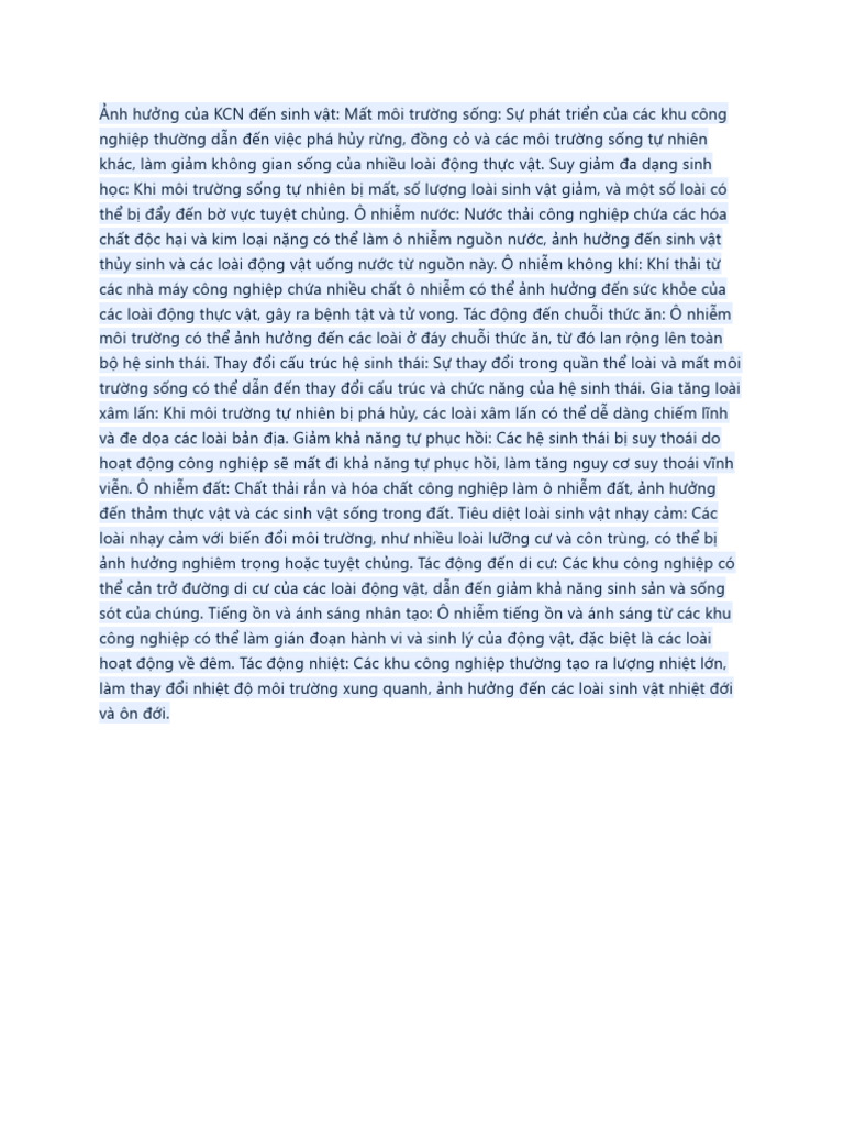 Ảnh hưởng của KCN đến sinh vật | PDF