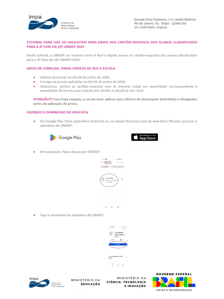 19a OBMEP 2024 TUTORIAL PARA APLICATIVO | PDF | Aplicativo para celular | Informática