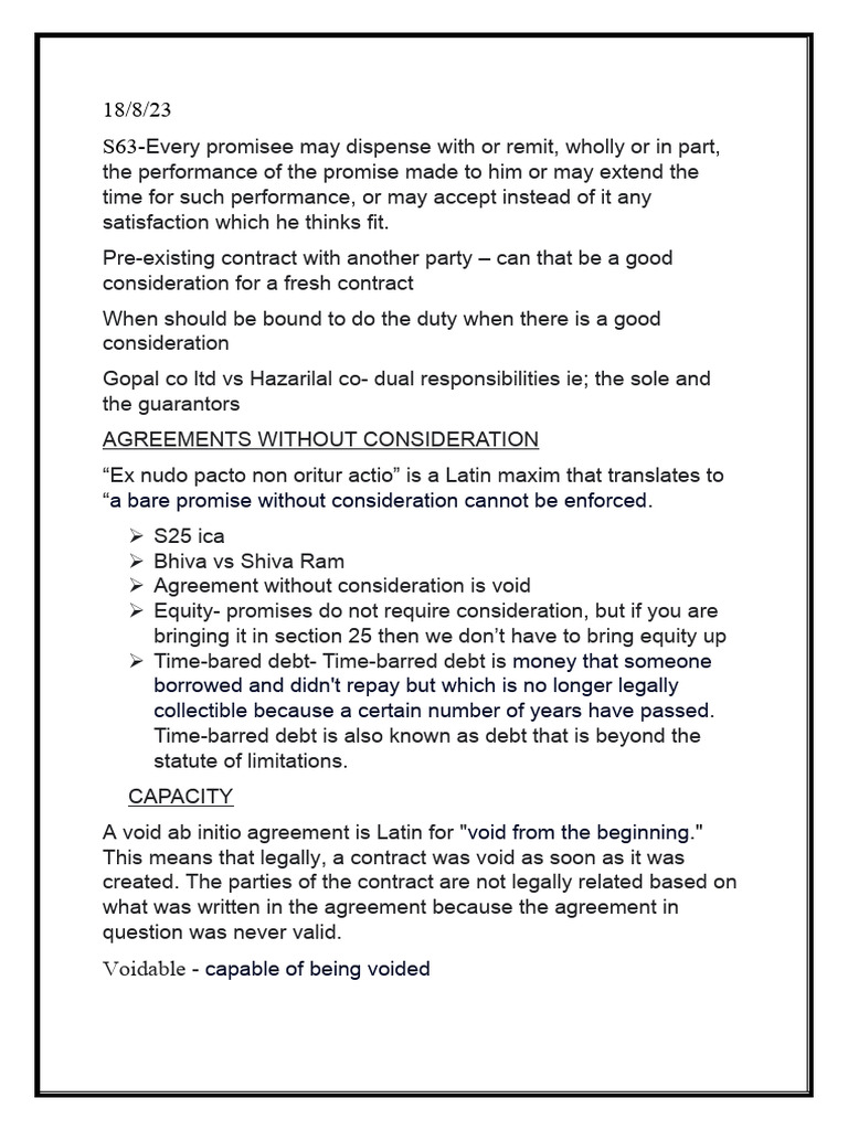 Contracts Notes | PDF | Equity (Law) | Consideration