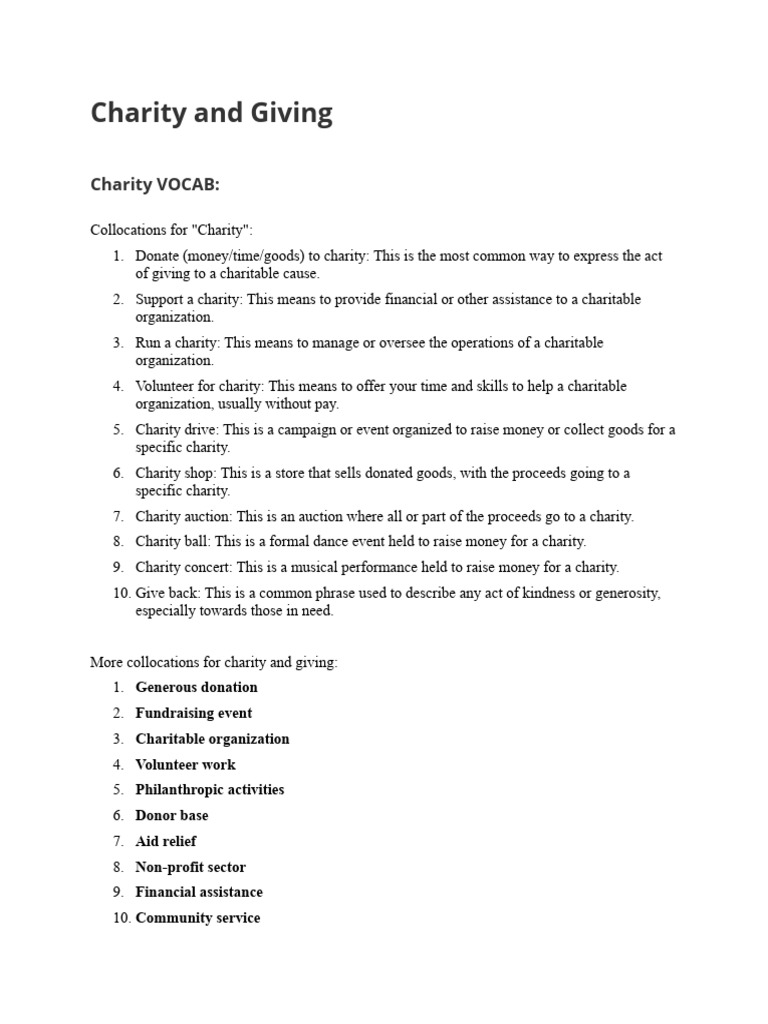 Charity and Giving P123 Vocab | PDF | Charitable Organization | Donation