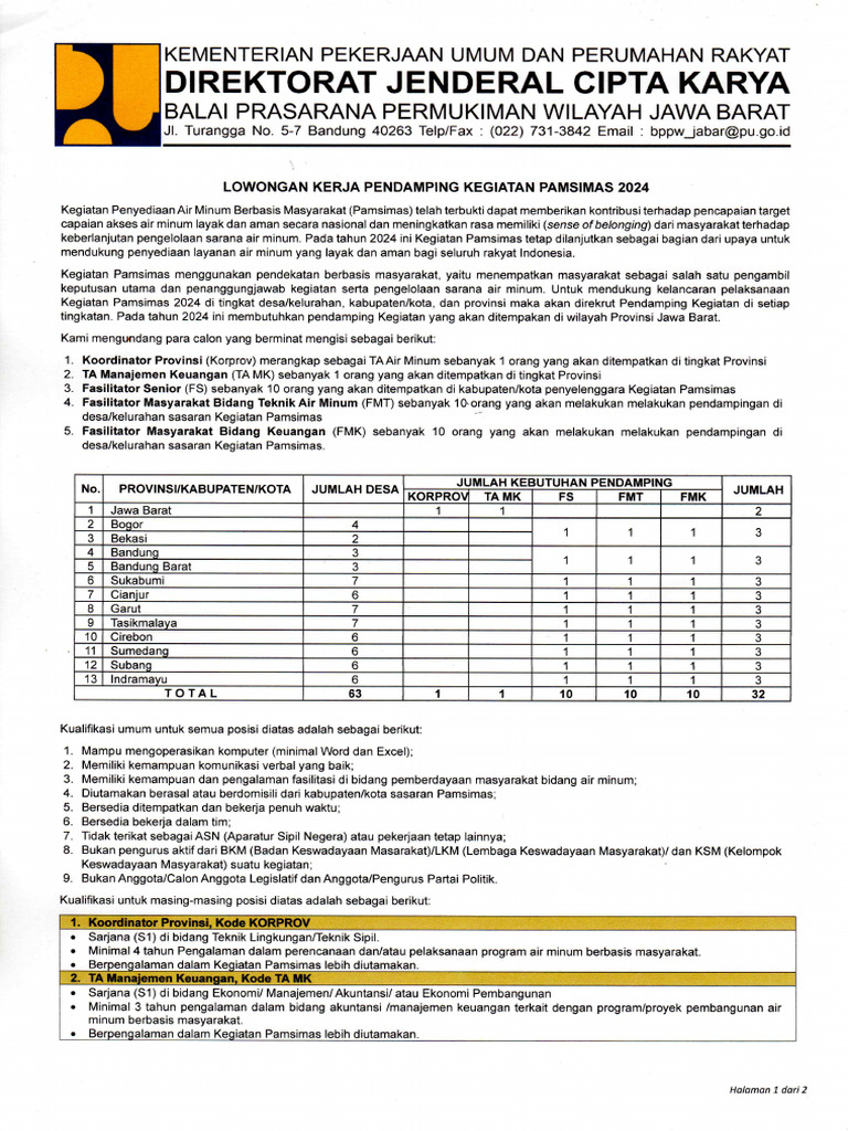 Lowongan Kerja Pendampingan Kegiatan Pamsimas 2024 | PDF