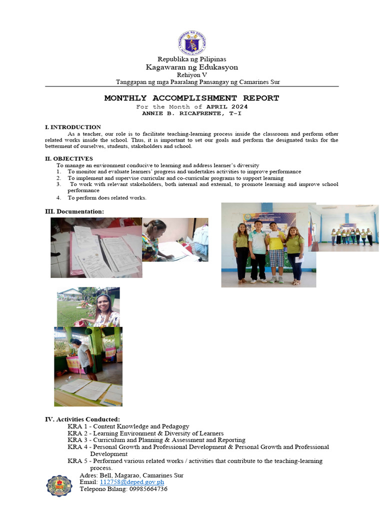 Monthly Accomplishment Report 2024 | PDF | Learning | Pedagogy