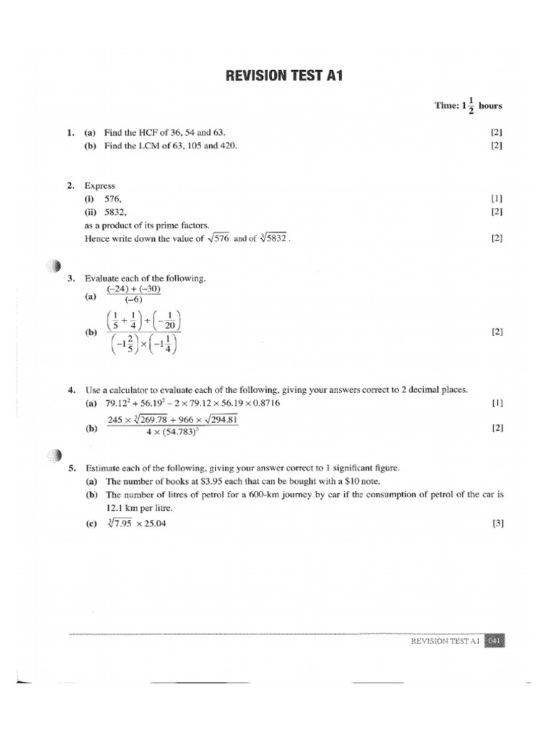 Revision Test Chapter 1, 2, 3, 4 - Maths - Book 1 | PDF