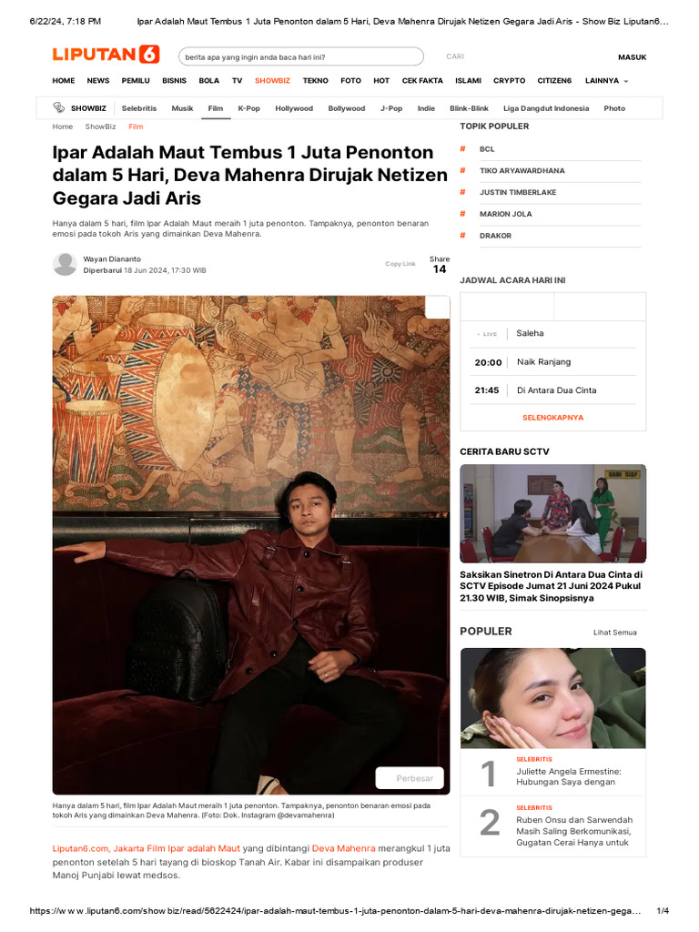 Ipar Adalah Maut Tembus 1 Juta Penonton Dalam 5 Hari, Deva Mahenra ...
