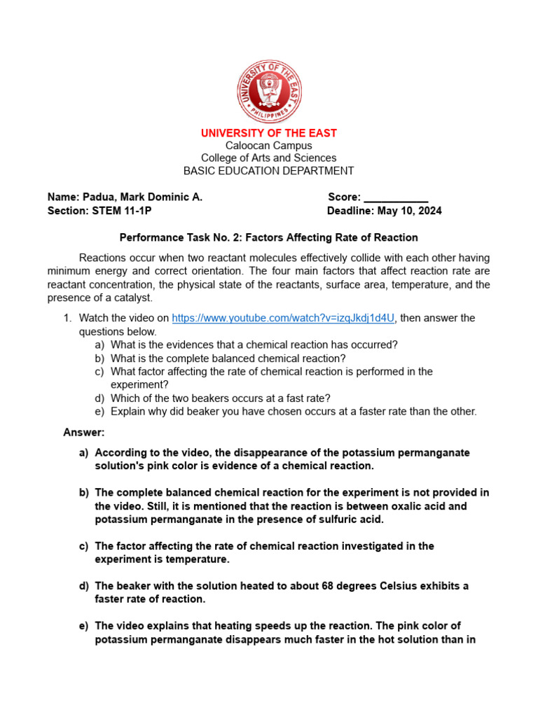 PETA 2 Factors Affecting Rate of Reaction | PDF | Reaction Rate | Chemical Reactions