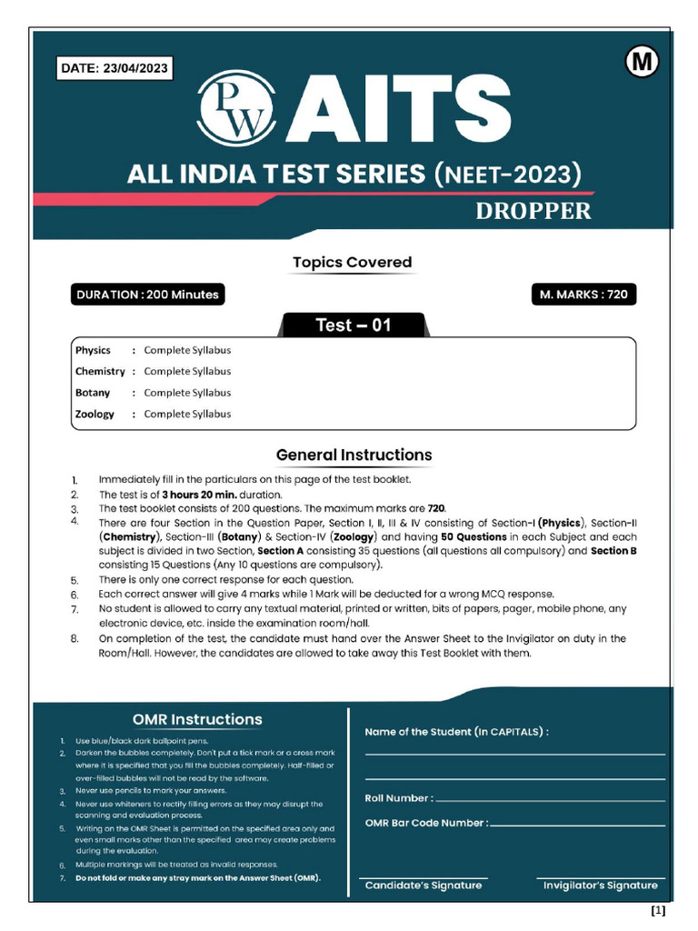 AITS Part Test 01 Dropper NEET Morning 23 04 2023 Questions Ripudaman ...