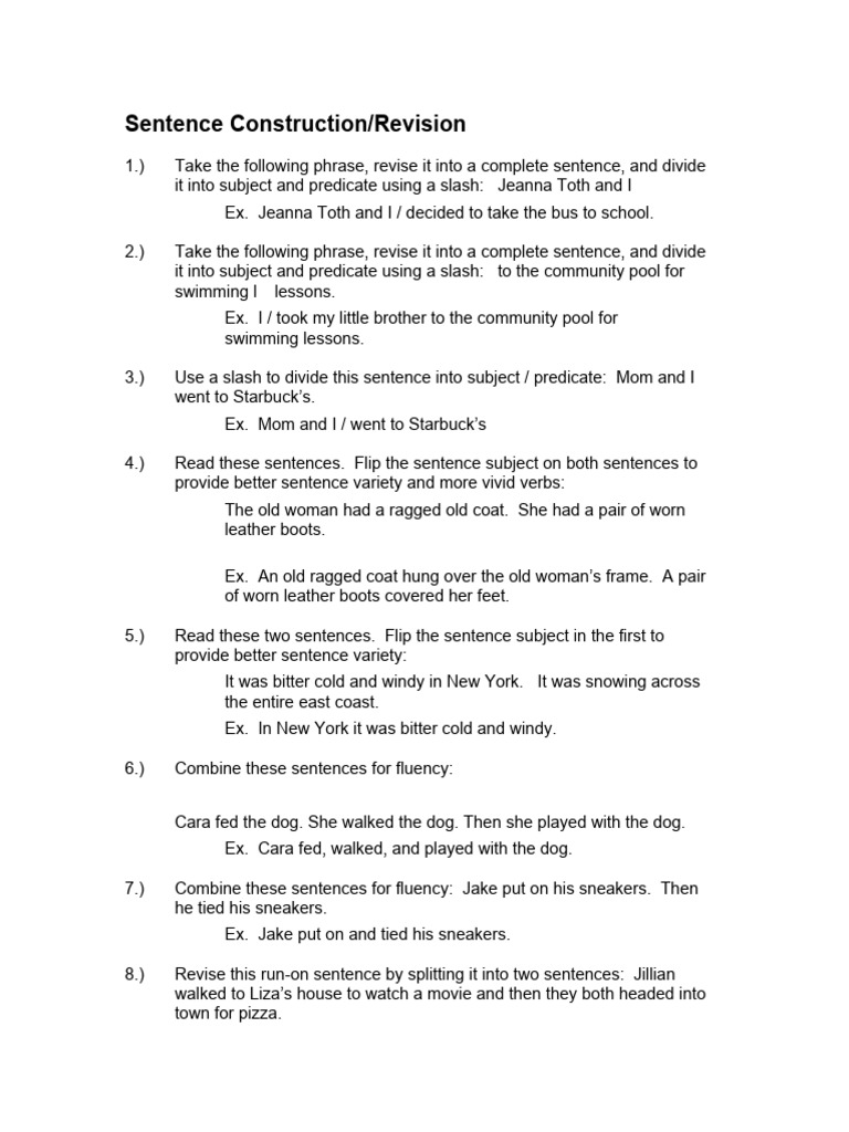 Sentence Construction Revision | PDF | Subject (Grammar) | Predicate ...