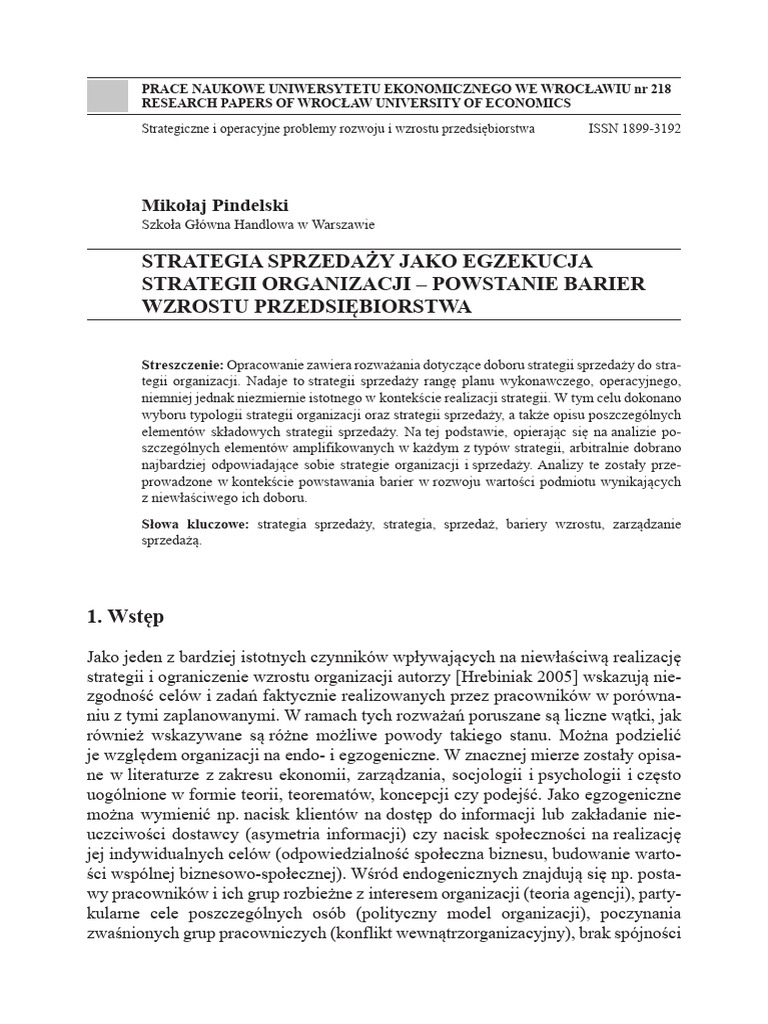 Pindelski Strategia Sprzedazy Jako Egzekucja Strategii Organizacji | PDF