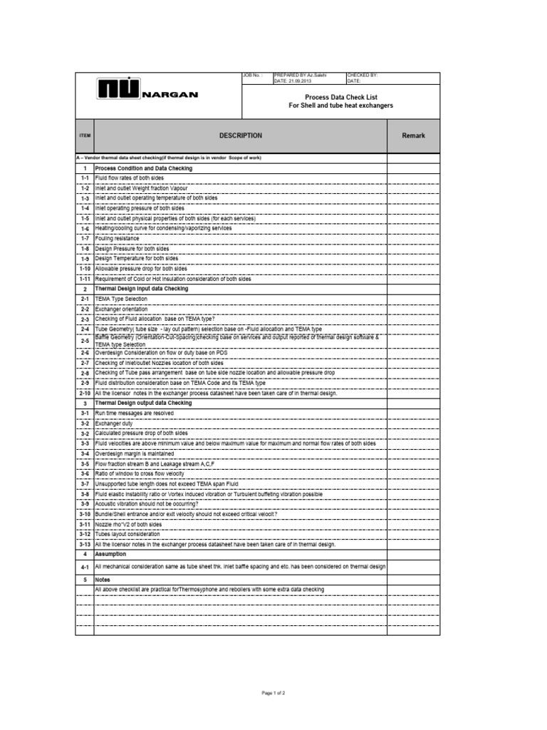Shell and Tube Heat Exchangers Checklist | PDF | Heat Exchanger | Fluid Dynamics